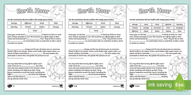 Earth Hour Differentiated Cloze Activity (Teacher-Made)