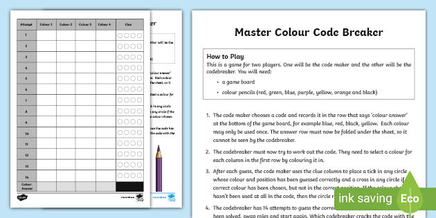 Master Colour Code Breaker Board Game (teacher made)