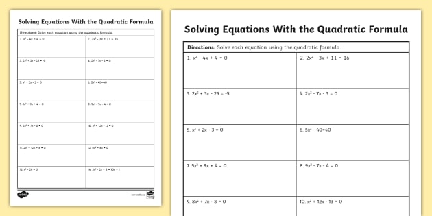 Quadratic Equations Worksheet