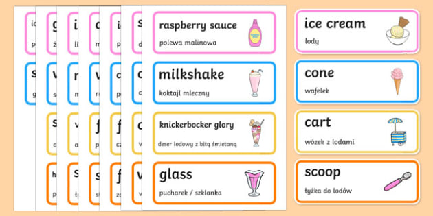 Ice Cream Parlour Topic Word Cards Polish Translation