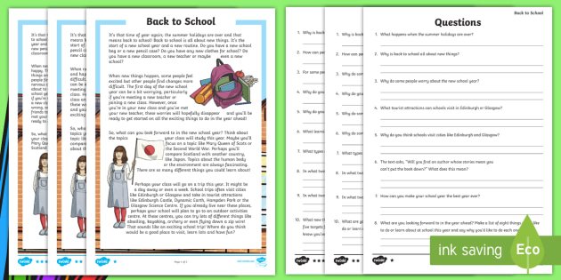 Back to School Reading Worksheets | Reading Comprehension