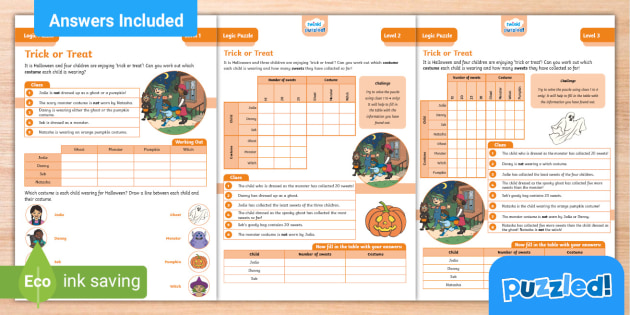 Fun Halloween Trick or Treat Logic Puzzle Pack - Kids Puzzle