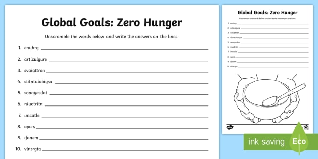 Global Goals Zero Hunger Word Unscramble (teacher made)
