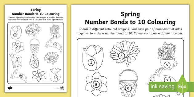* NEW * Spring Number Bonds to 10 Colouring Worksheet Activity