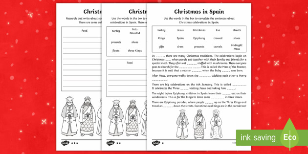 KS1 Christmas in Spain Differentiated Writing Worksheet / Worksheet