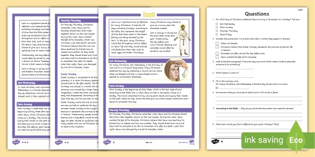 UKS2 Lent Differentiated Reading Comprehension Activity