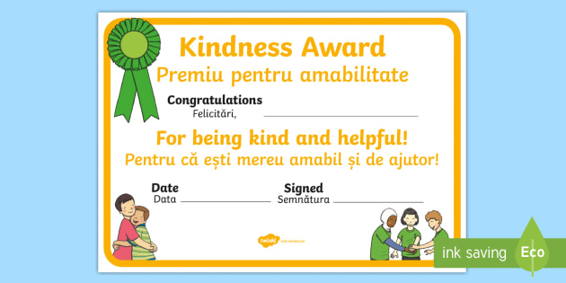 Kindness Award Certificate English/Romanian - Kindness Award Certificate