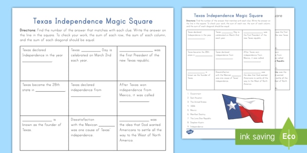 Texas Independence Day Magic Square Activity Sheet - Grades 3-5