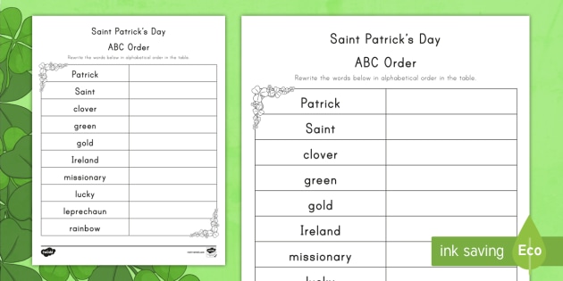 St. Patrick's Day Alphabetical Ordering Activity