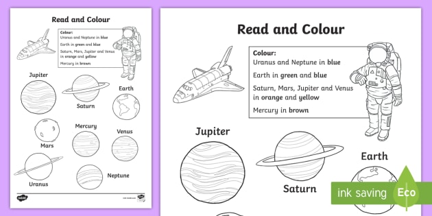 Planet Read and Colour Worksheet / Worksheet- space, planets, worksheet