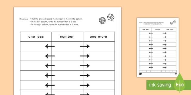 One More One Less Dice Worksheet / Worksheet - die, math, numbers, order