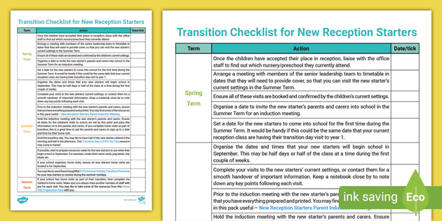Transition Checklist for New Reception Starters