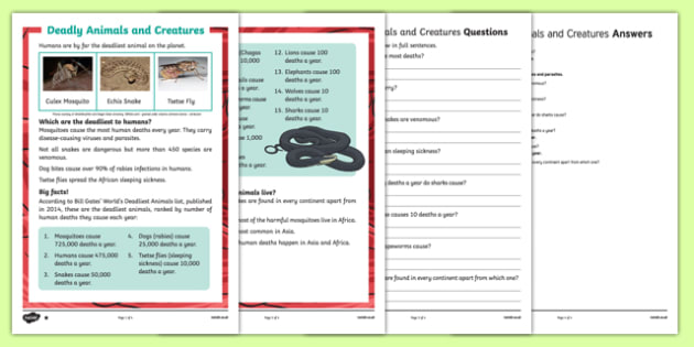 Deadly Animals and Creatures Differentiated Reading Comprehension Activity