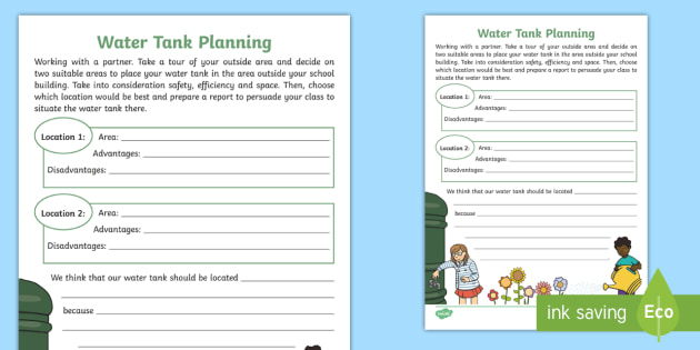 Water Tank Planning Worksheet (teacher made)