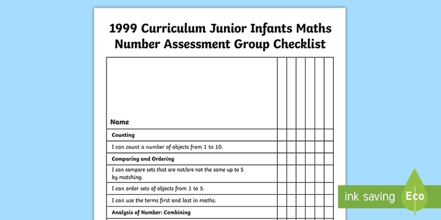 1999 Curriculum Junior Infants Maths Number Assessment Group Checklist