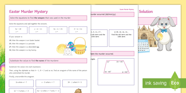 Easter Murder Mystery (Algebra) Worksheet / Worksheet