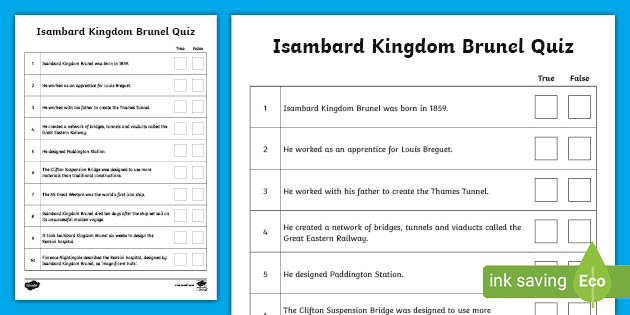 Isambard Kingdom Brunel Quiz Activity Sheet - Twinkl History