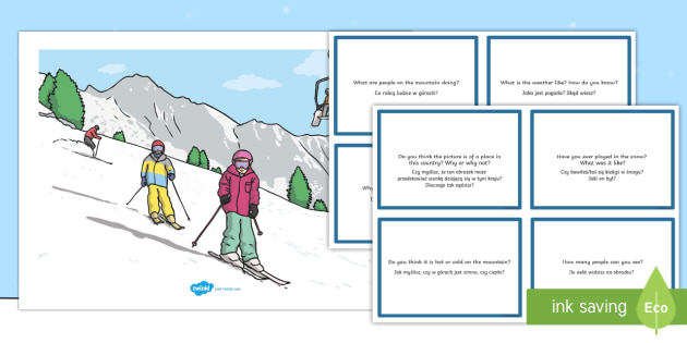 Winter Sports Scene and Question Cards English/Polish - Winter Sports Scene