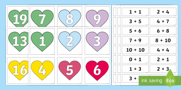 Calculations to 20 Matching Activity Hearts (teacher made)