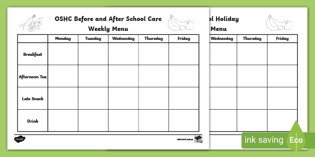 OSHC Editable Weekly Menu Template (teacher made)