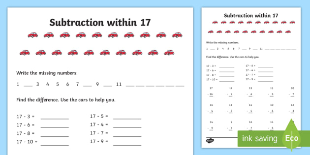 Subtraction within 17 Worksheet / Worksheet (teacher made)
