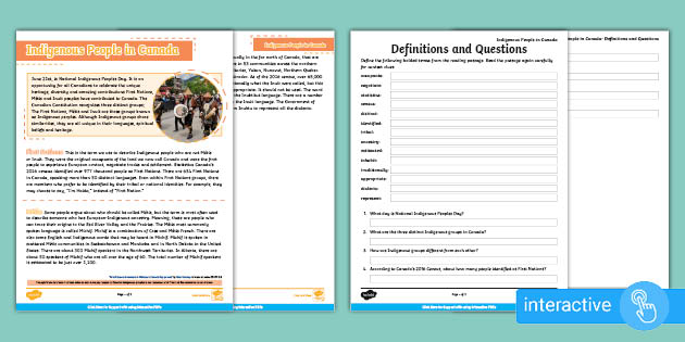 Indigenous People of Canada Reading comprehension