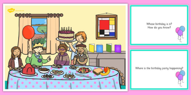 Birthday Party Scene and Question Cards (teacher made)