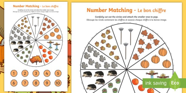 Number Matching Pegs Autumn Themed Worksheet / Worksheet English/French
