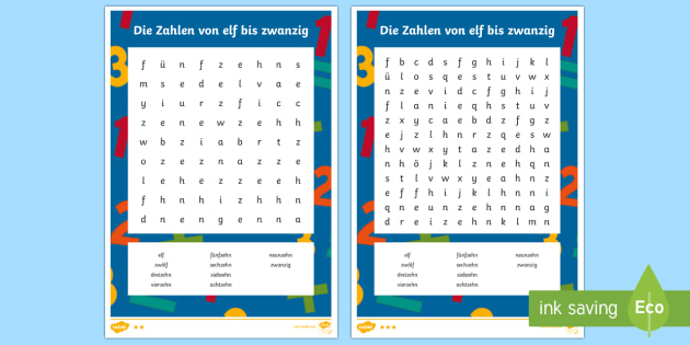 Numbers 11 to 20 Word Search German
