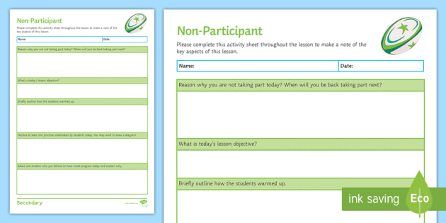 Rugby: Non-Participant Worksheet / Worksheet (teacher made)