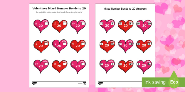 Valentine's Day Heart Mixed Number Bonds to 20 Worksheet / Worksheet