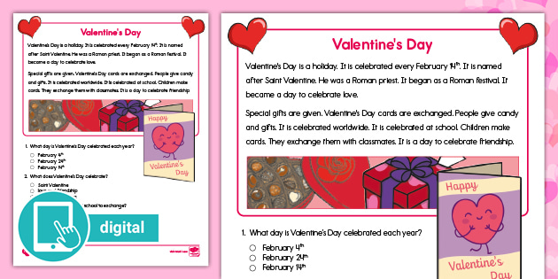 First Grade Valentine's Day Reading Passage Comprehension Activity