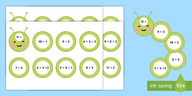 Caterpillar Addition 10 to 20 Matching Cards (teacher made)