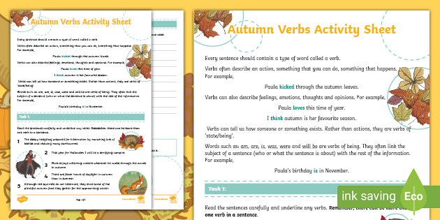 Verbs Activity Sheets Autumn (teacher made)