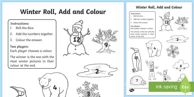 Winter Themed Roll and Colour Activity Sheet Game