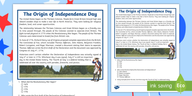 Fifth Grade The Origin of Independence Day Reading Passage Comprehension