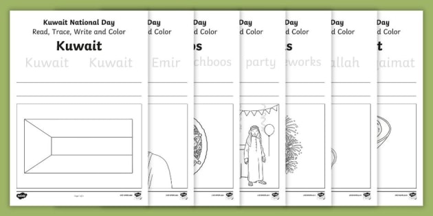 Kuwait National Day Worksheet- Read, Trace, Write and Colour