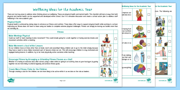 Staff Wellbeing Wellbeing Ideas for the Academic Year Checklist