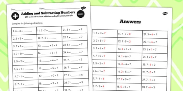 Number Facts to 7 Worksheet (teacher made)