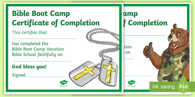 Vacation Bible School: Bible Boot Camp Editable Certificates