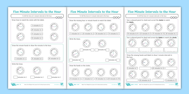 👉 Time Five Minute Intervals To the Hour Maths Activity Sheets