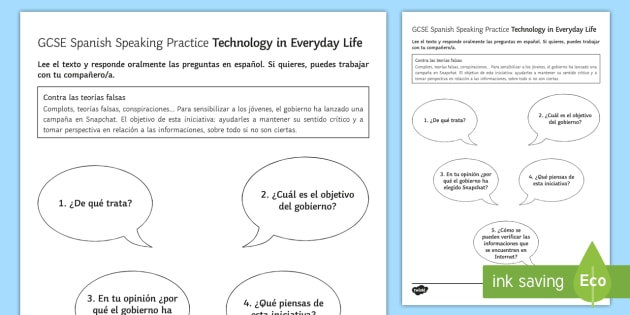 Spanish Technology in Everyday Life Speaking Practice Worksheet / Worksheet