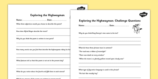 The Highwayman Poem With Worksheet Ideas