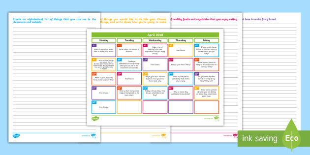 April Writing Prompts Display Calendar - creative, imaginative, informative