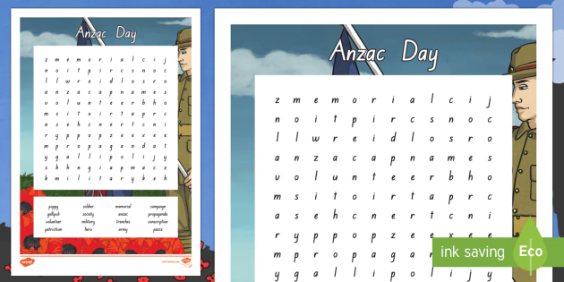 Anzac Day Word Search - New Zealand, Anzac Day, 25 April, ANZAC, Poppies