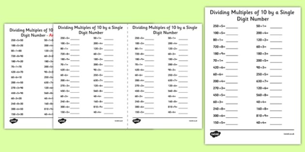 Dividing Multiples Of 10 By 1 Digit Numbers A5 Worksheet Worksheet