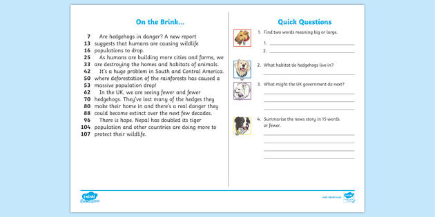 LKS2 Wildlife Wipeout Daily News 60-Second Read Activity Cards