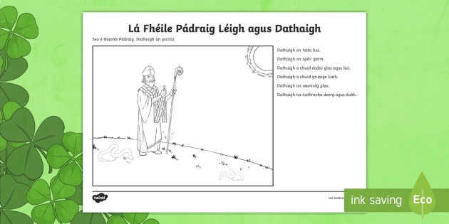 St. Patrick's Day Read and Colour Activity Gaeilge - Saint