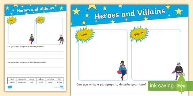 Heroes and Villains Descriptive Writing Activity Sheet