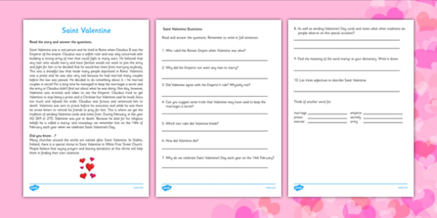 Saint Valentine Reading Comprehension Activity